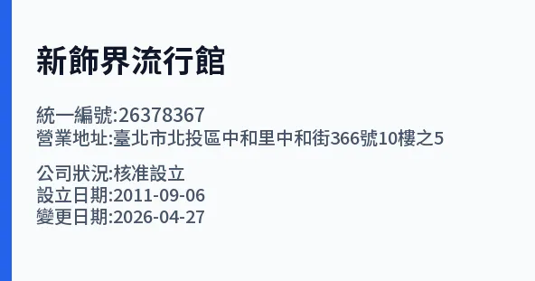 新飾界流行館的照片-統編 26378367(臺北市) 公司登記資料與營業項目詳細圖表