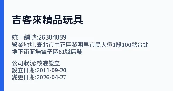 吉客來精品玩具的照片-統編 26384889(臺北市) 公司登記資料與營業項目詳細圖表