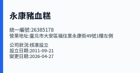 永康豬血糕的照片-統編 26385178(臺北市) 公司登記資料與營業項目詳細圖表
