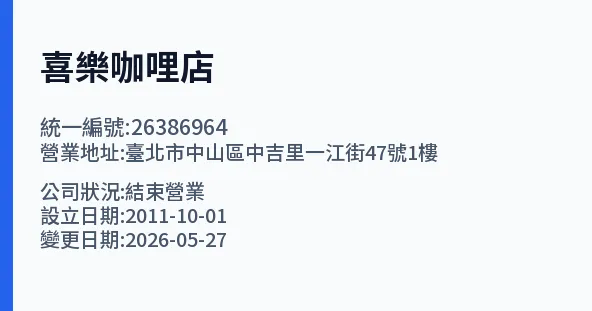 喜樂咖哩店的照片-統編 26386964(臺北市) 公司登記資料與營業項目詳細圖表