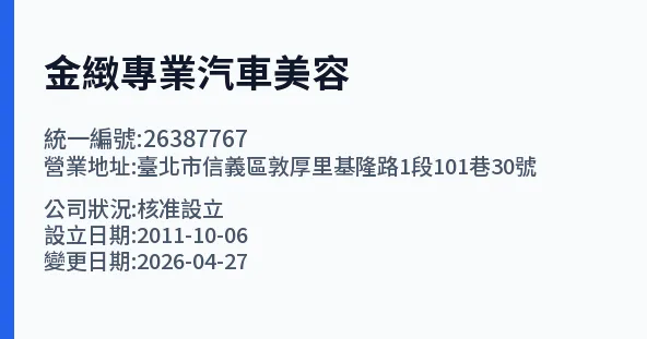 金緻專業汽車美容的照片-統編 26387767(臺北市) 公司登記資料與營業項目詳細圖表