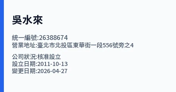 吳水來的照片-統編 26388674(臺北市) 公司登記資料與營業項目詳細圖表