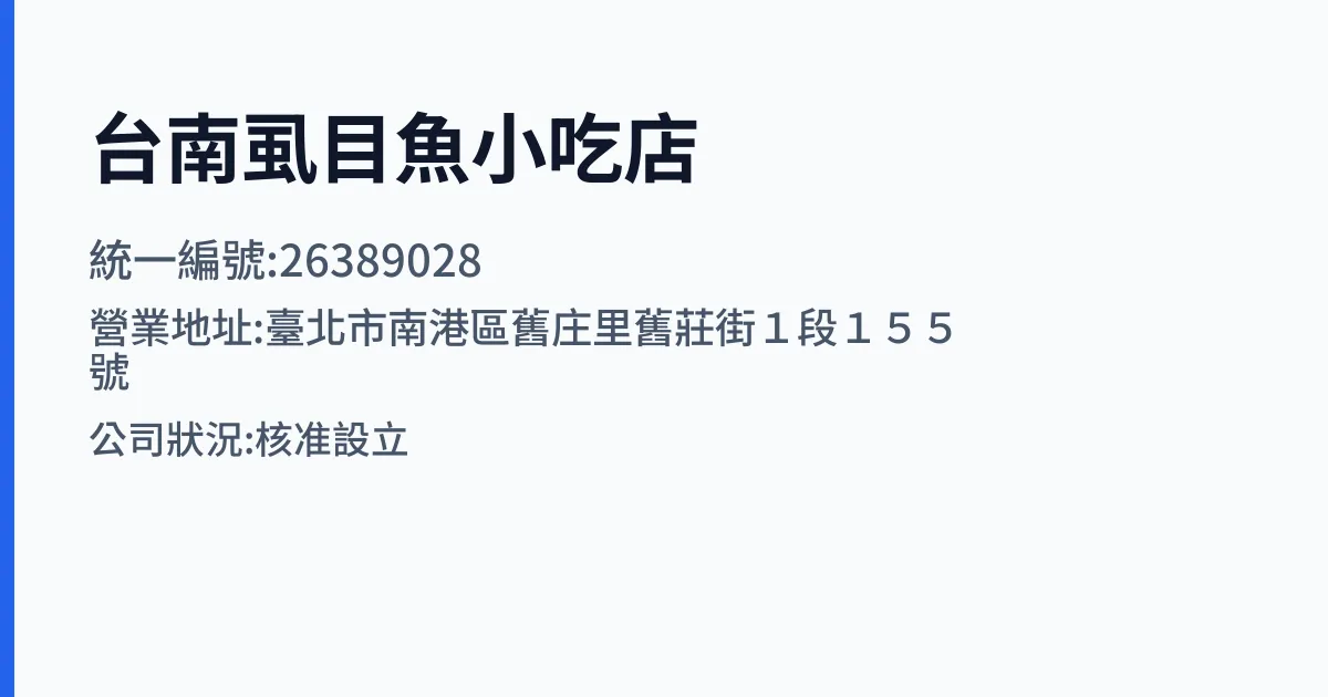 台南虱目魚小吃店 - 統編 26389028(臺北市) 公司登記資料與營業項目詳細圖表