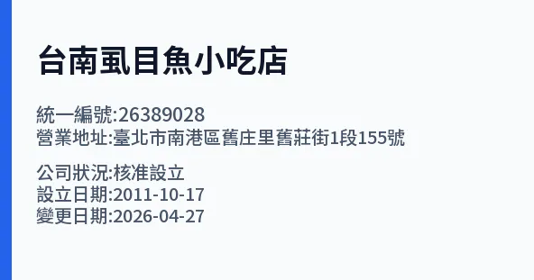 台南虱目魚小吃店的照片-統編 26389028(臺北市) 公司登記資料與營業項目詳細圖表