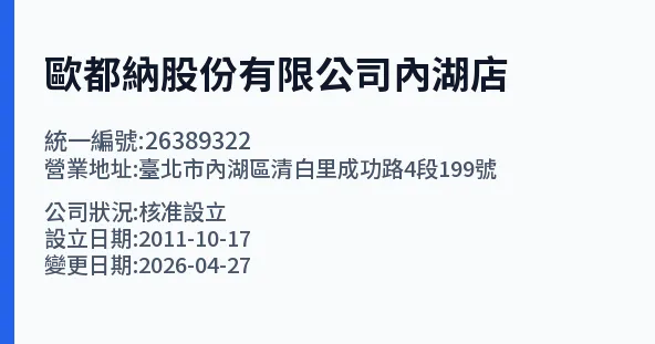 歐都納股份有限公司內湖店的照片-統編 26389322(臺北市) 公司登記資料與營業項目詳細圖表