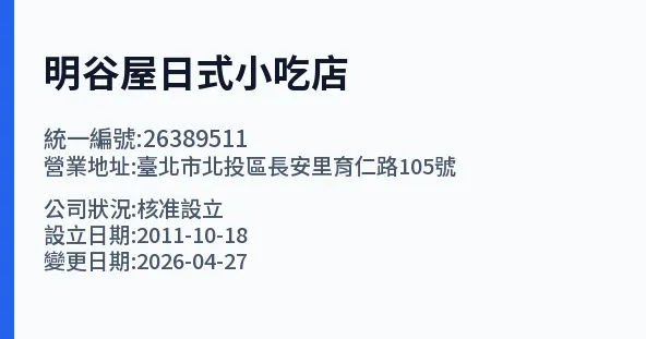 明谷屋日式小吃店的照片-統編 26389511(臺北市) 公司登記資料與營業項目詳細圖表