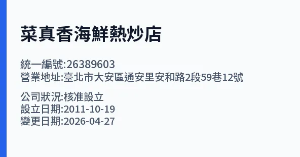菜真香海鮮熱炒店的照片-統編 26389603(臺北市) 公司登記資料與營業項目詳細圖表