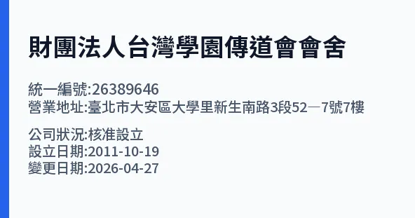 財團法人台灣學園傳道會會舍的照片-統編 26389646(臺北市) 公司登記資料與營業項目詳細圖表