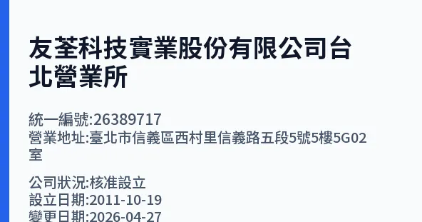 友荃科技實業股份有限公司台北營業所的照片-統編 26389717(臺北市) 公司登記資料與營業項目詳細圖表