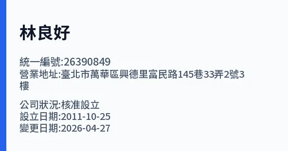林良好的照片-統編 26390849(臺北市) 公司登記資料與營業項目詳細圖表