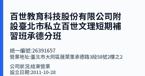 百世教育科技股份有限公司附設臺北市私立百世文理短期補習班承德分班的照片-統編 26391657(臺北市) 公司登記資料與營業項目詳細圖表
