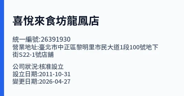 喜悅來食坊龍鳳店的照片-統編 26391930(臺北市) 公司登記資料與營業項目詳細圖表