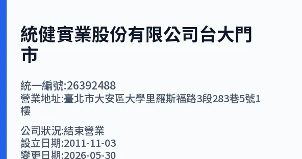 統健實業股份有限公司台大門市的照片-統編 26392488(臺北市) 公司登記資料與營業項目詳細圖表