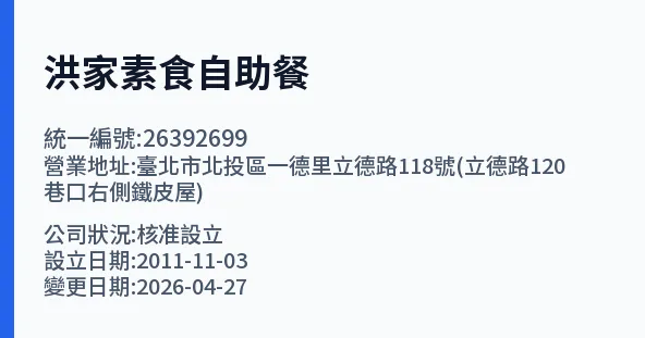 洪家素食自助餐的照片-統編 26392699(臺北市) 公司登記資料與營業項目詳細圖表