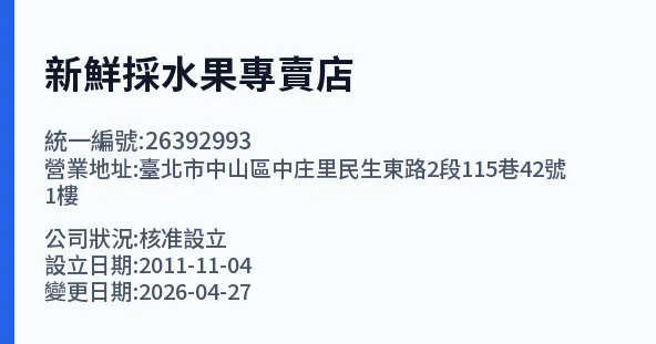 新鮮採水果專賣店的照片-統編 26392993(臺北市) 公司登記資料與營業項目詳細圖表