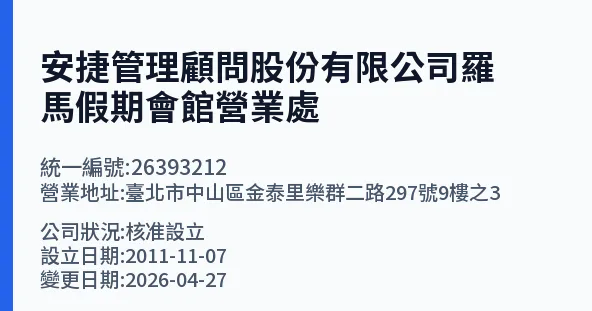 安捷管理顧問股份有限公司羅馬假期會館營業處的照片-統編 26393212(臺北市) 公司登記資料與營業項目詳細圖表