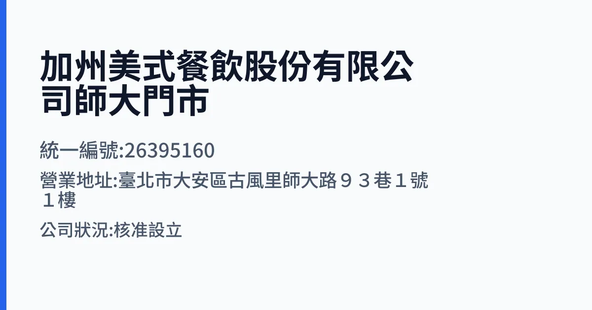 加州美式餐飲股份有限公司師大門市 - 統編 26395160(臺北市) 公司登記資料與營業項目詳細圖表
