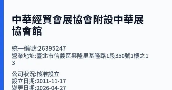 中華經貿會展協會附設中華展協會館的照片-統編 26395247(臺北市) 公司登記資料與營業項目詳細圖表