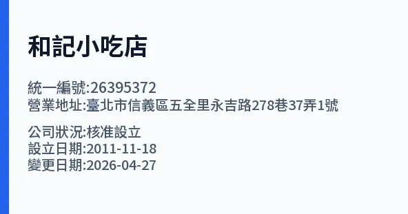 和記小吃店的照片-統編 26395372(臺北市) 公司登記資料與營業項目詳細圖表