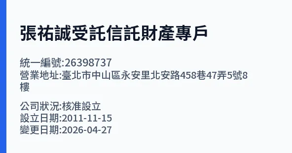 張祐誠受託信託財產專戶的照片-統編 26398737(臺北市) 公司登記資料與營業項目詳細圖表