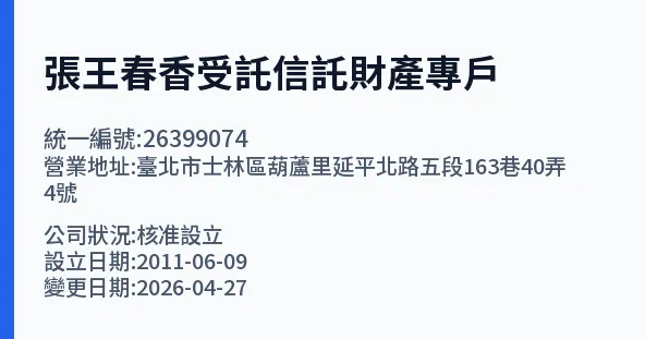 張王春香受託信託財產專戶的照片-統編 26399074(臺北市) 公司登記資料與營業項目詳細圖表