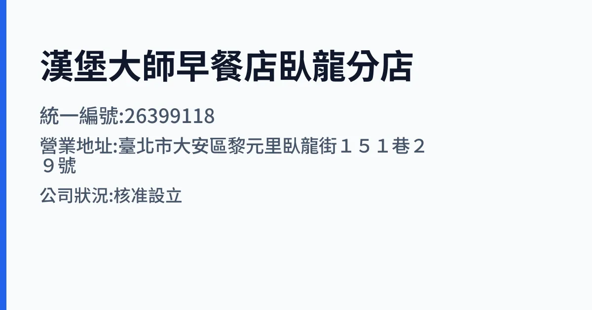 漢堡大師早餐店臥龍分店 - 統編 26399118(臺北市) 公司登記資料與營業項目詳細圖表