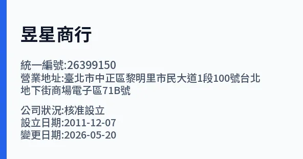 昱星商行的照片-統編 26399150(臺北市) 公司登記資料與營業項目詳細圖表