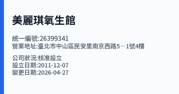 美麗琪氧生館的照片-統編 26399341(臺北市) 公司登記資料與營業項目詳細圖表