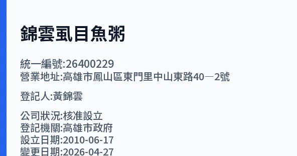 錦雲虱目魚粥的照片-統編 26400229(高雄市) 公司登記資料與營業項目詳細圖表