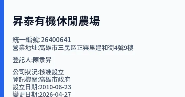 昇泰有機休閒農場的照片-統編 26400641(高雄市) 公司登記資料與營業項目詳細圖表