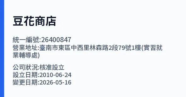 豆花商店的照片-統編 26400847(臺南市) 公司登記資料與營業項目詳細圖表