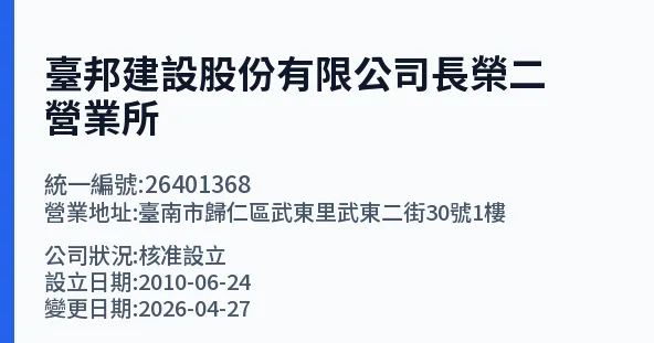 臺邦建設股份有限公司長榮二營業所的照片-統編 26401368(臺南市) 公司登記資料與營業項目詳細圖表