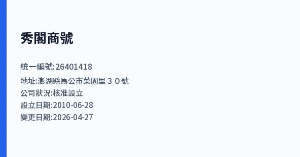 秀閣商號的照片-統編 26401418(澎湖縣) 公司登記資料與營業項目詳細圖表