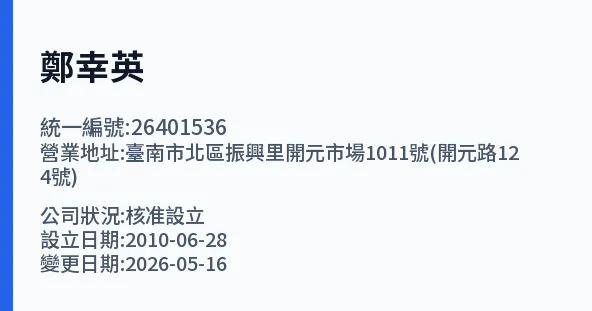 鄭幸英的照片-統編 26401536(臺南市) 公司登記資料與營業項目詳細圖表