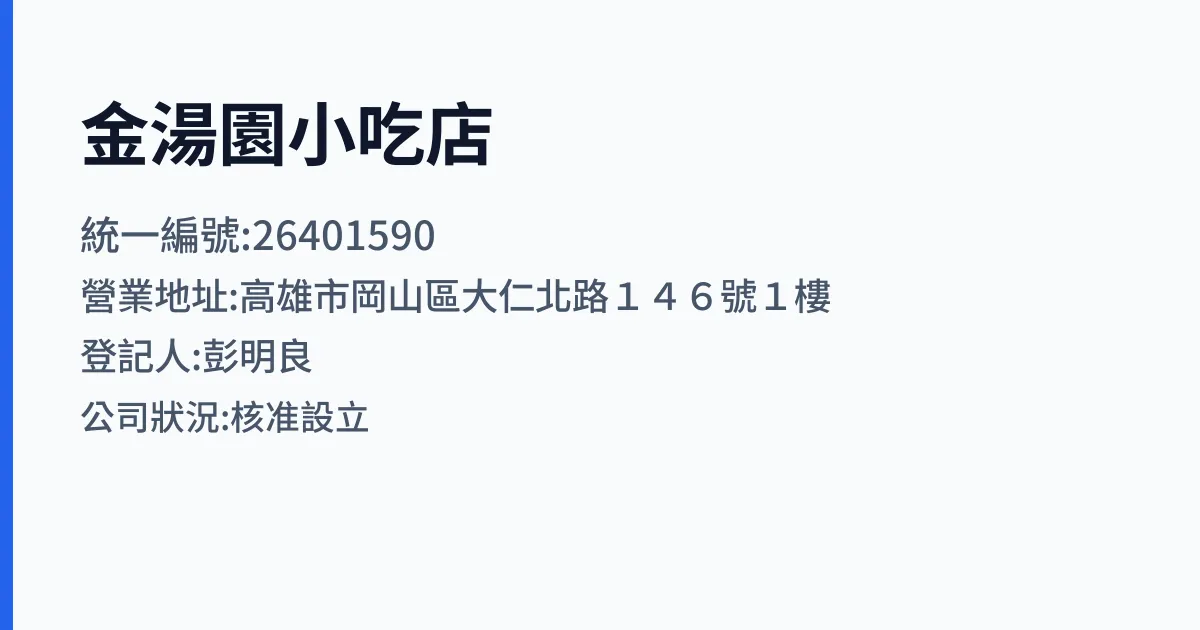 金湯園小吃店 - 統編 26401590(高雄市) 公司登記資料與營業項目詳細圖表