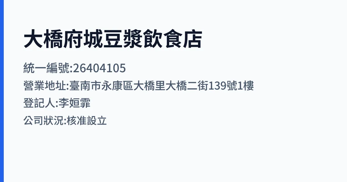 大橋府城豆漿飲食店 - 統編 26404105(臺南市) 公司登記資料與營業項目詳細圖表