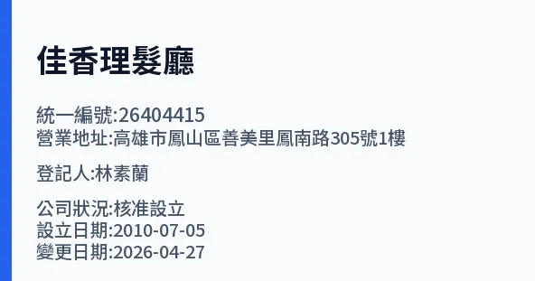 佳香理髮廳的照片-統編 26404415(高雄市) 公司登記資料與營業項目詳細圖表