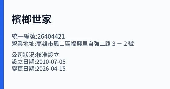 檳榔世家 - 統編 26404421(高雄市) 公司登記資料與營業項目詳細圖表