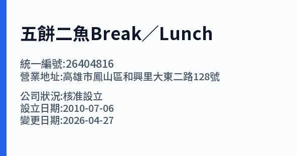 五餅二魚Break∕Lunch的照片-統編 26404816(高雄市) 公司登記資料與營業項目詳細圖表