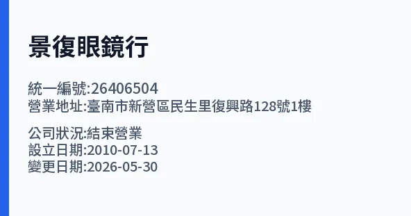 景復眼鏡行的照片-統編 26406504(臺南市) 公司登記資料與營業項目詳細圖表