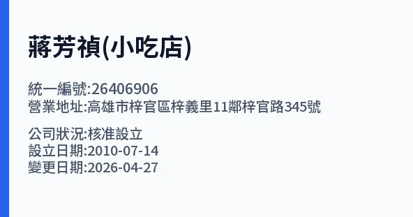 蔣芳禎(小吃店)的照片-統編 26406906(高雄市) 公司登記資料與營業項目詳細圖表