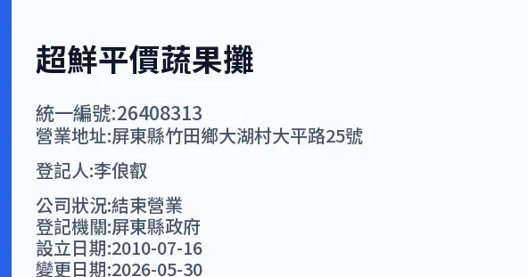 超鮮平價蔬果攤的照片-統編 26408313(屏東縣) 公司登記資料與營業項目詳細圖表