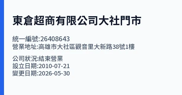 東倉超商有限公司大社門市的照片-統編 26408643(高雄市) 公司登記資料與營業項目詳細圖表