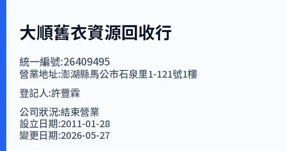 大順舊衣資源回收行的照片-統編 26409495(澎湖縣) 公司登記資料與營業項目詳細圖表