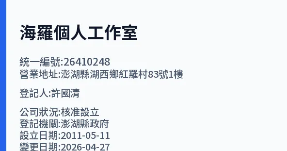 海羅個人工作室的照片-統編 26410248(澎湖縣) 公司登記資料與營業項目詳細圖表