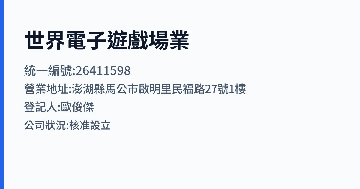 世界電子遊戲場業 - 統編 26411598(澎湖縣) 公司登記資料與營業項目詳細圖表