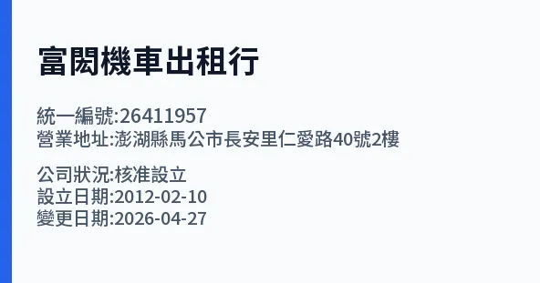 富閎機車出租行的照片-統編 26411957(澎湖縣) 公司登記資料與營業項目詳細圖表