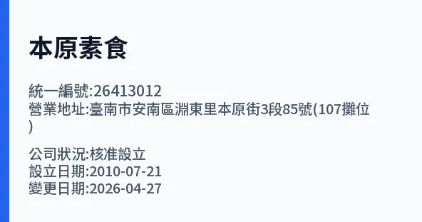 本原素食的照片-統編 26413012(臺南市) 公司登記資料與營業項目詳細圖表