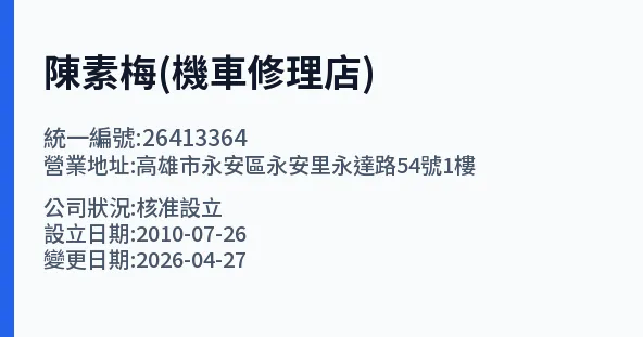 陳素梅(機車修理店)的照片-統編 26413364(高雄市) 公司登記資料與營業項目詳細圖表