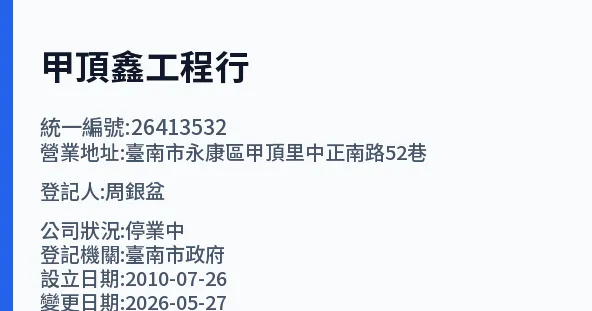 甲頂鑫工程行的照片-統編 26413532(臺南市) 公司登記資料與營業項目詳細圖表